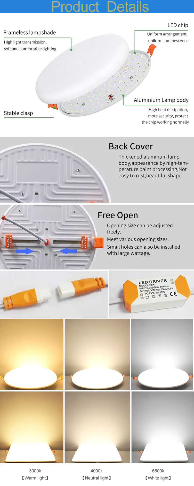 Frameless Led Panel Light Round Square Hole Size Adjustable - Buy Hole ...